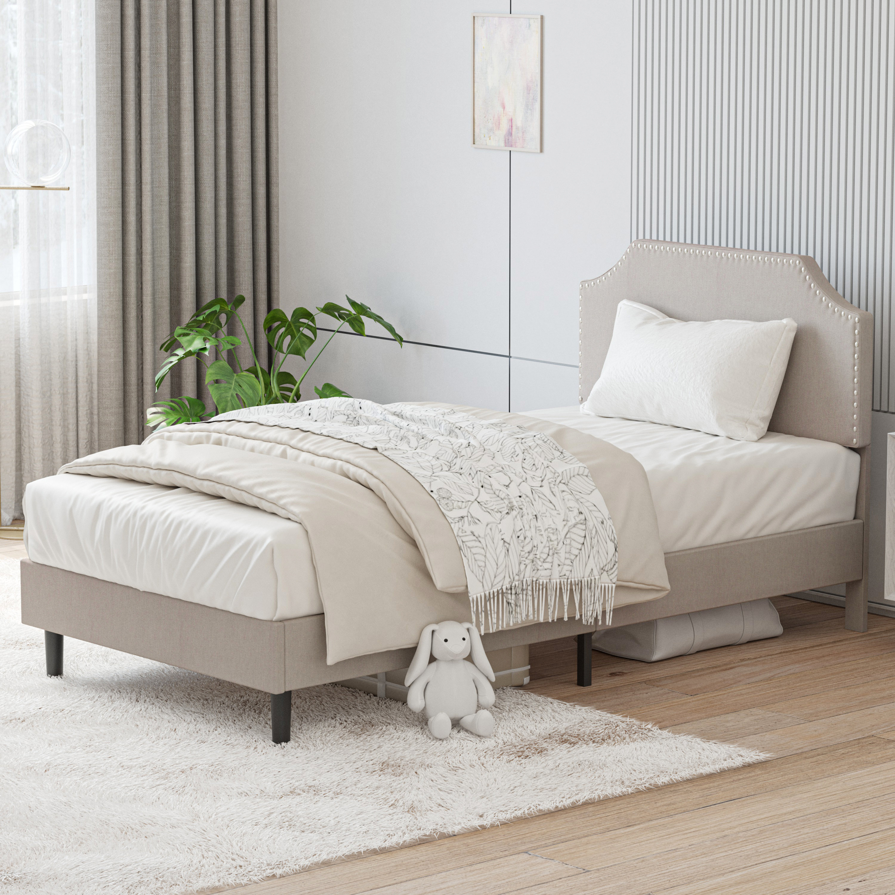 Jazmere Twin Upholstered Platform Bed with Nailhead Trim Headboard Height Adjustable Noise Free Winston Porter Color Beige